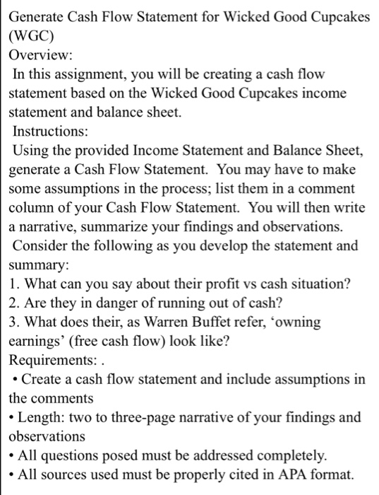 Solved Generate Cash Flow Statement for Wicked Good Cupcakes | Chegg.com