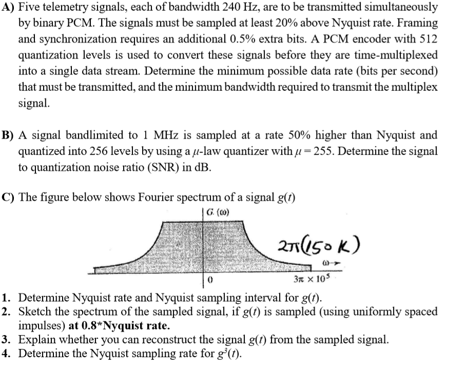 Solved A) Five telemetry signals, each of bandwidth 240 Hz, | Chegg.com