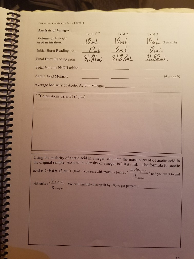 CHEM 1211 Lab Manual- Revised 05/2018 Acid Base | Chegg.com