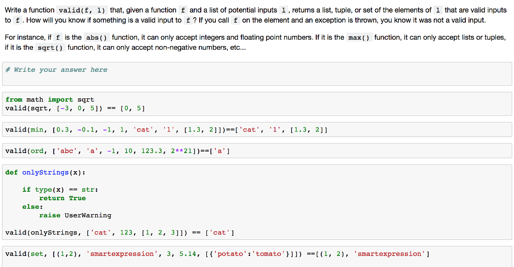 Solved Write a function valid(f, 1) that, given a function f | Chegg.com