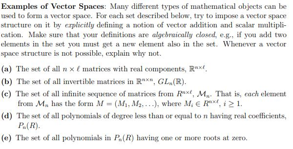 Examples of Vector Spaces: Many different types of | Chegg.com