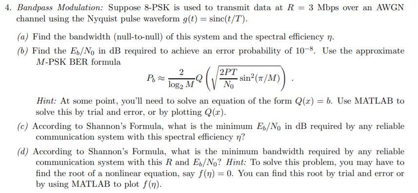Solved 4. Bandpass Modulation: Suppose 8-PSK is used to | Chegg.com