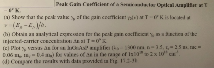 Peak Gain Coefficient of a Semiconductor Optical | Chegg.com
