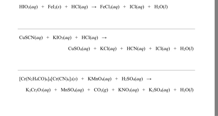 Solved HIO(aq +Fel2(s HCl(aq) -» FeCl3(aq+ ICl(aq) H20D) | Chegg.com