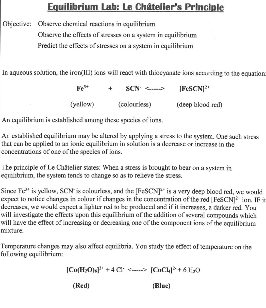 Solved Equilibrium Lab: Le Châtelier's Principle Objective: | Chegg.com