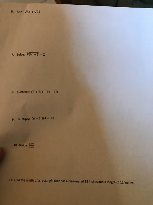 Solved 6. Add: 54 +/24 7. Solve: V3x-52 8. Subtract: (5 | Chegg.com