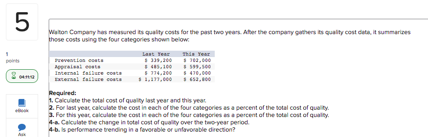 Solved Walton Company has measured its quality costs for the | Chegg.com