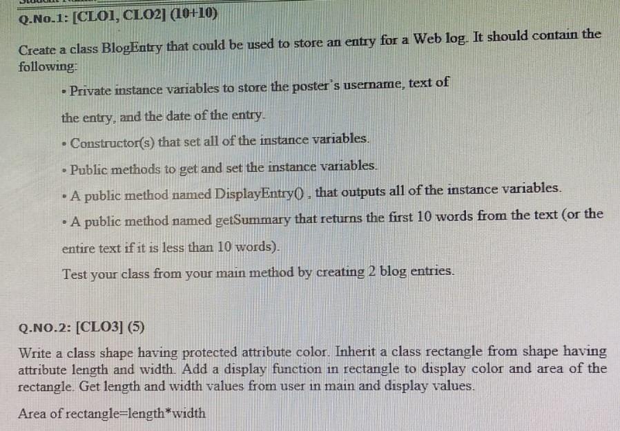 Solved Q.No.1: [CLOI, CLO2] (10+10) a Create a class | Chegg.com