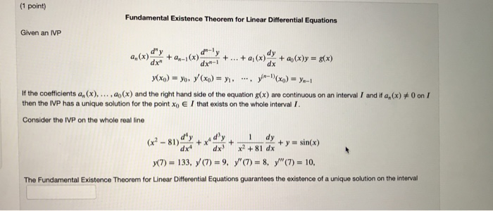 Solved 1 point Fundamental Existence Theorem for Linear | Chegg.com