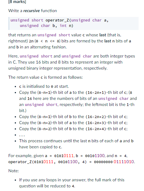 Solved [8 marks) Write a recursive function unsigned short | Chegg.com