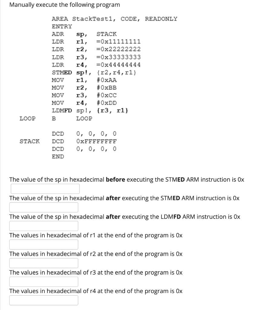 Solved AREA StackTest1, CODE, READONLY ENTRY ADR Sp, STACK | Chegg.com