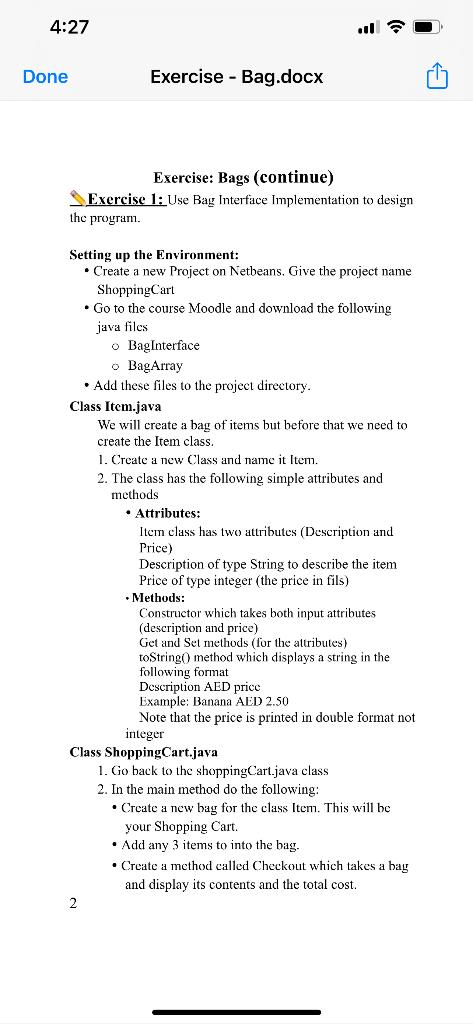 4:27 Done Exercise - Bag.docx 1 Exercise: Bags | Chegg.com