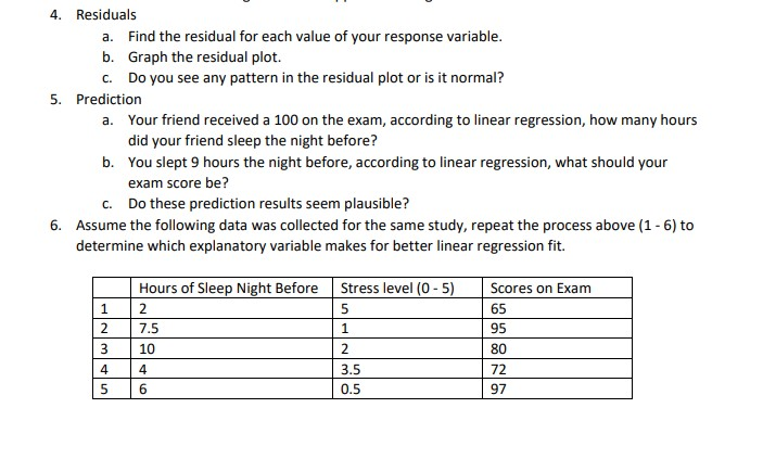 4. Residuals a. Find the residual for each value of | Chegg.com