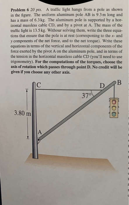 Solved Problem 6 20 pts. A traffic light hangs from a pole | Chegg.com