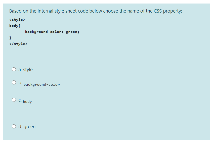 Solved Based on the internal style sheet code below choose | Chegg.com