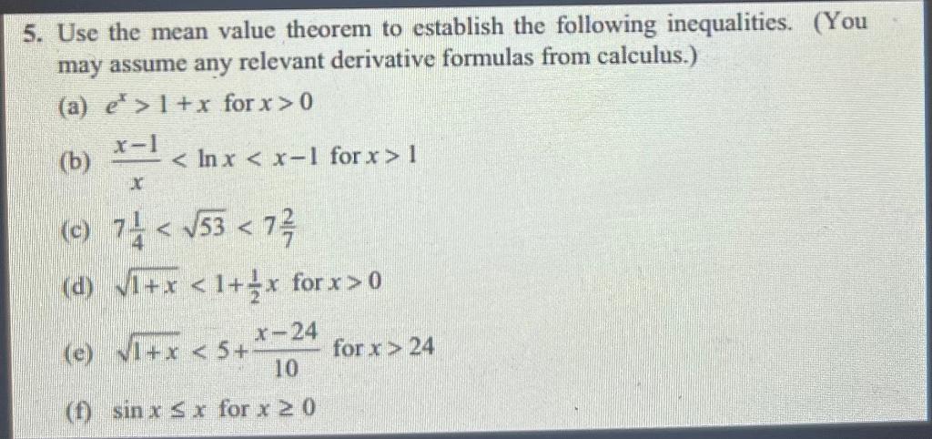 Solved 5. Use the mean value theorem to establish the | Chegg.com