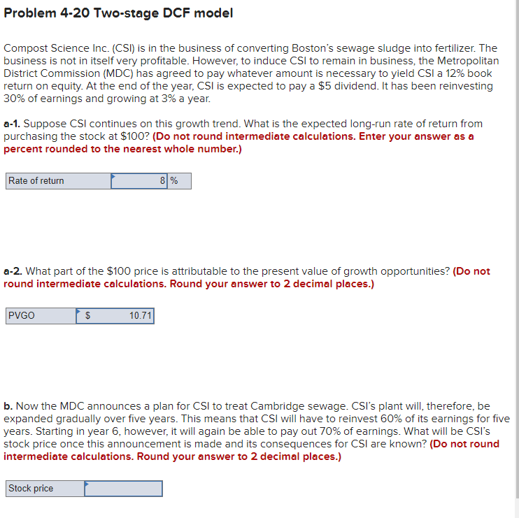 Solved Problem 4-20 Two-stage DCF model Compost Science Inc. | Chegg.com