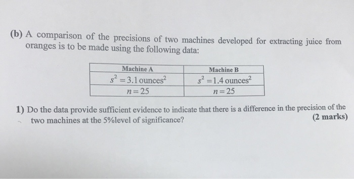 Solved comparison of the precisions of two machines | Chegg.com