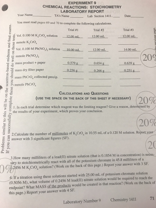 Solved EXPERIMENT 9 CHEMICAL REACTIONS: STOICHIOMETRY | Chegg.com