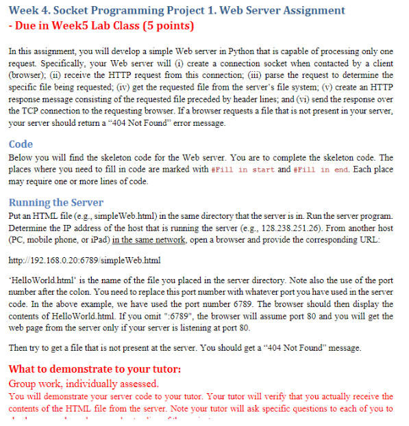 Solved Week 4. Socket Programming Project 1. Web Server | Chegg.com