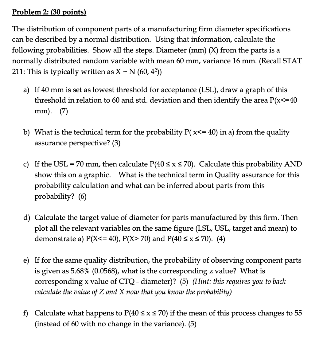 Solved Problem 2: ( 30 points) The distribution of component | Chegg.com