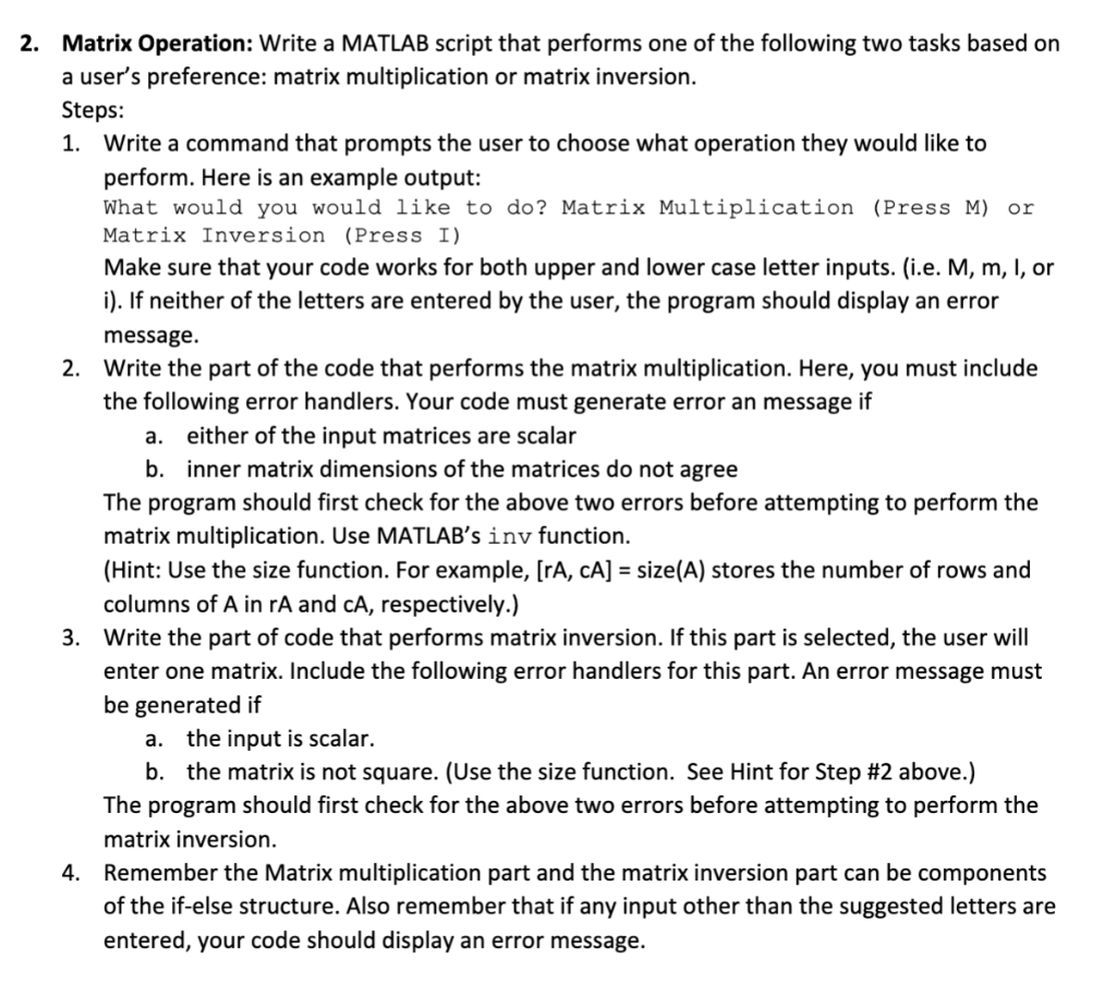 Solved Matrix Operation: Write a MATLAB script that performs | Chegg.com