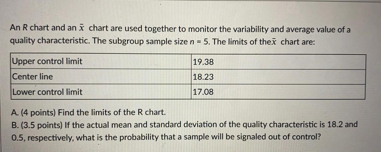Solved An R chart and an x chart are used to monitor.... | Chegg.com