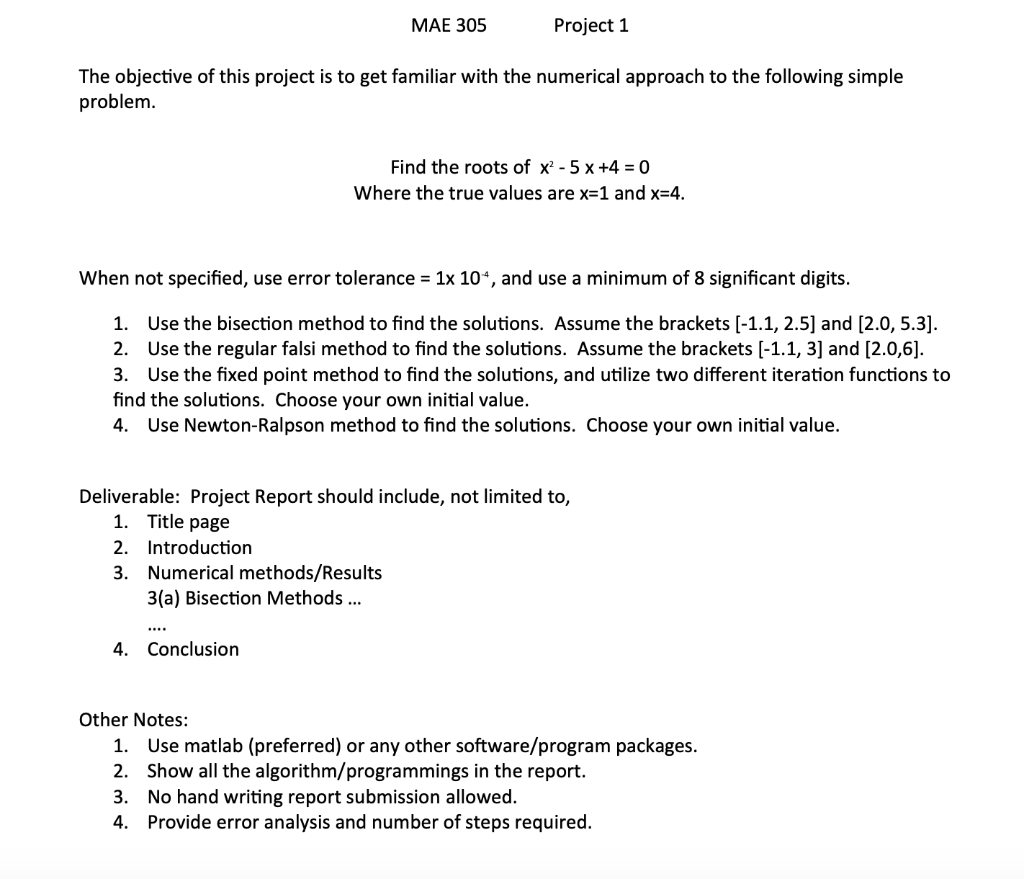 Solved MAE 305 Project 1 The objective of this project is to | Chegg.com