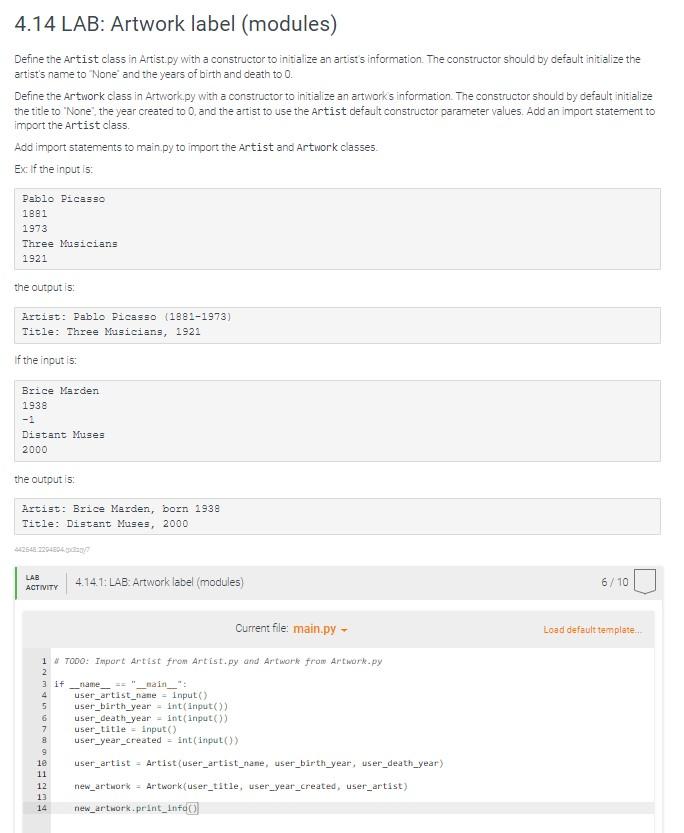 Solved 4.14 LAB: Artwork label (modules) Define the Artist | Chegg.com
