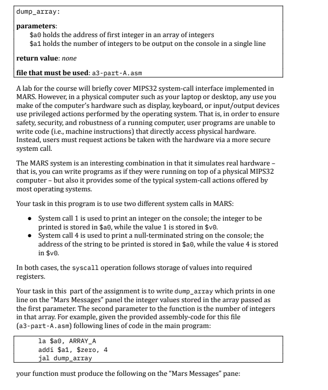 dump_array: parameters: $a0 holds the address of | Chegg.com