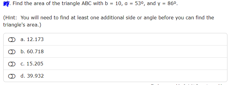 Solved Find the area of the triangle ABC with: a = 4, c=3, | Chegg.com