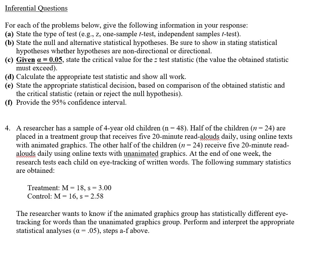 Solved Inferential QuestionsFor each of the problems below, | Chegg.com