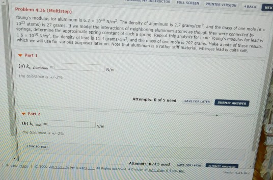 Solved FULL SCREEN INSTRUCTOR PRINTER VERSION BACK NEX | Chegg.com