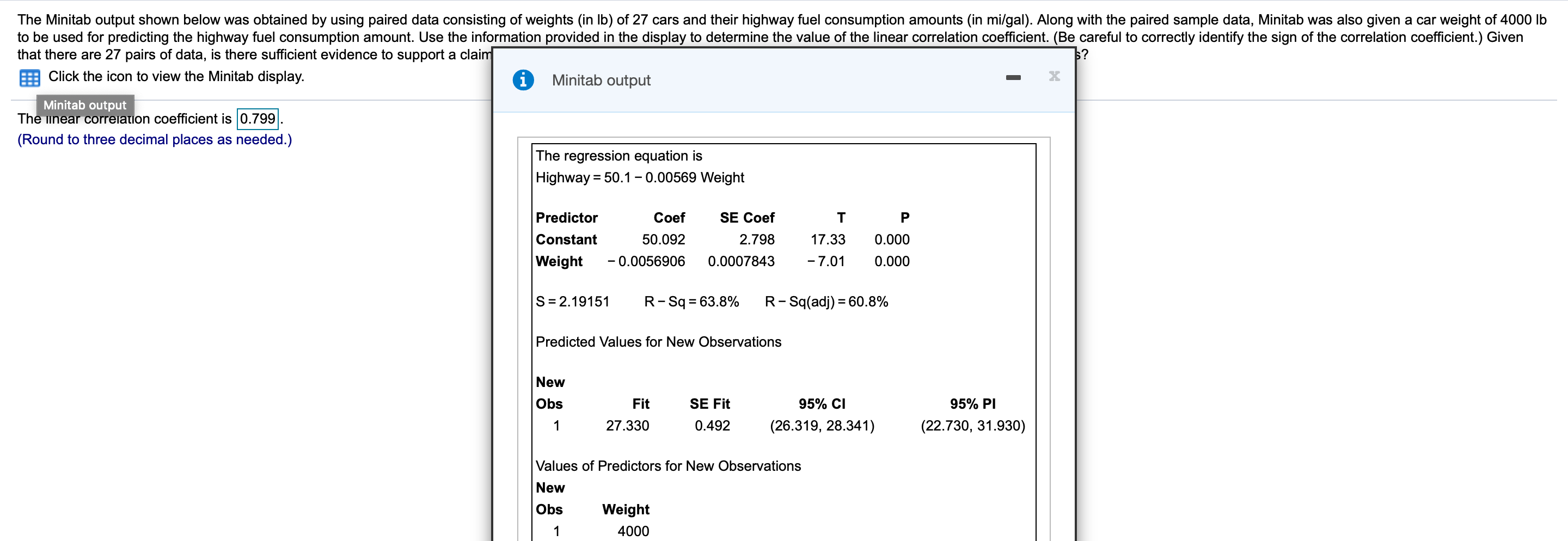 Solved The Minitab output shown below was obtained by | Chegg.com