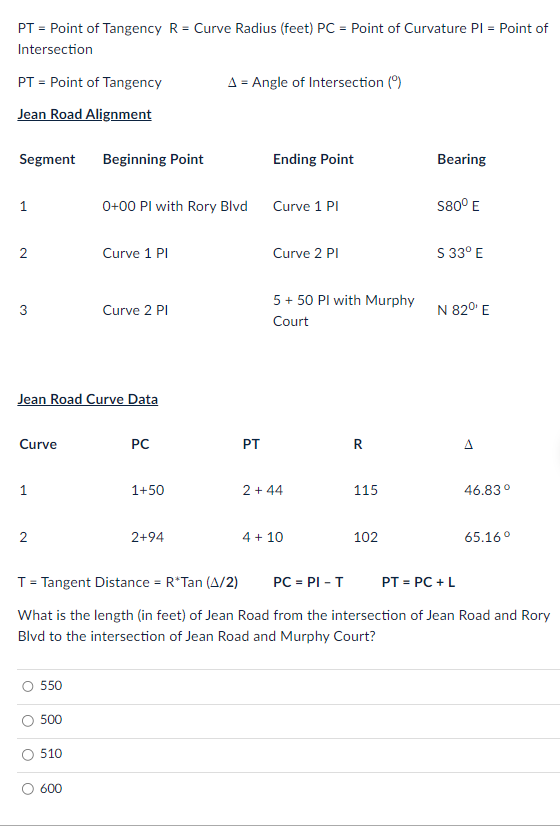 [Solved]: PT = Point of Tangency R = Curve Radius (feet) PC