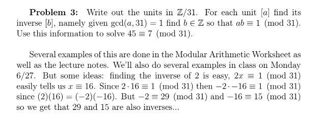 Solved Problem 3: Write out the units in Z/31. For each unit | Chegg.com