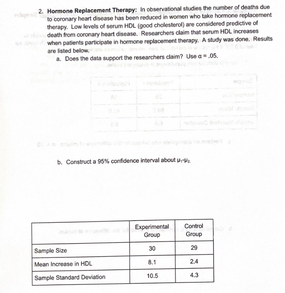 Solved 2. Hormone Replacement Therapy: In observational | Chegg.com