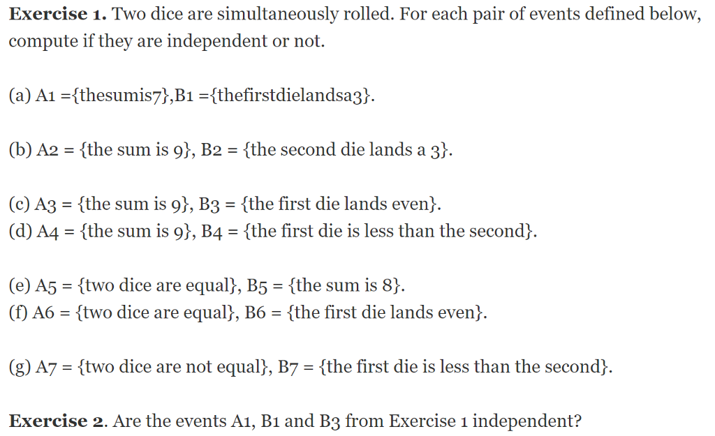 Solved Exercise 1. Two dice are simultaneously rolled. For | Chegg.com