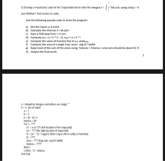 Solved 5) Develop a visual basic code for the Trapezoidal | Chegg.com