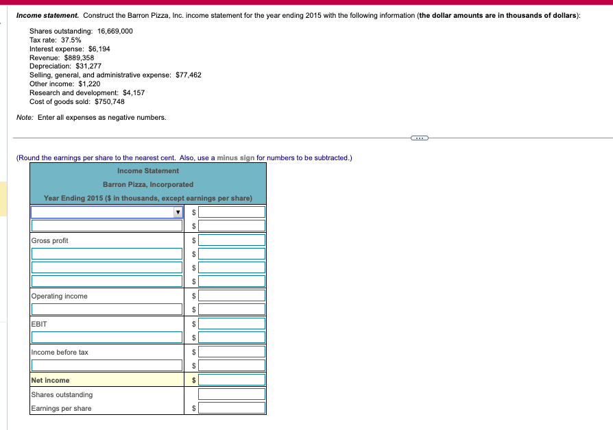 Solved Income statement. Construct the Barron Pizza, Inc. | Chegg.com