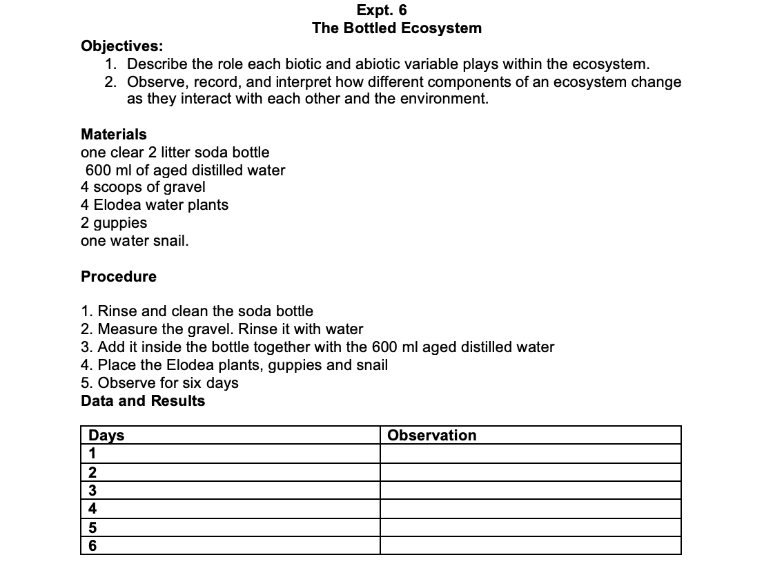 Solved Expt. 6 The Bottled Ecosystem Objectives: 1. Describe | Chegg.com