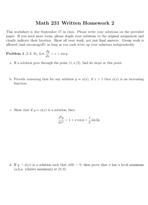 Solved Math 231 Written Homework 2 This worksheet is due | Chegg.com