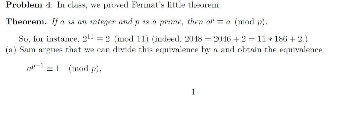Solved Problem 4: In class, we proved Fermat's little | Chegg.com