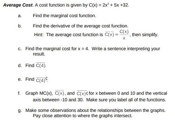 Solved a. Average Cost. A cost function is given by C(x) = | Chegg.com