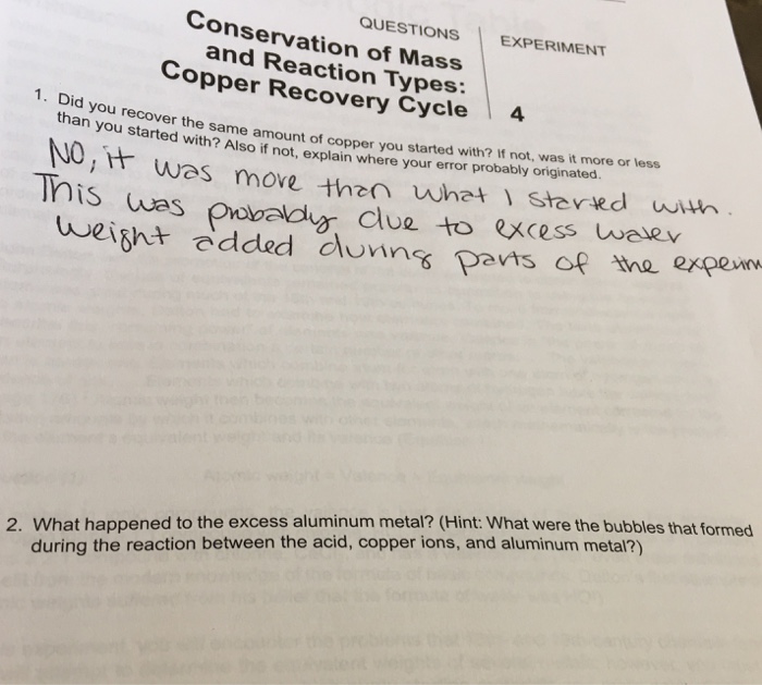 Solved QUESTIONS Conservation of Mass EXPERIMENT and | Chegg.com