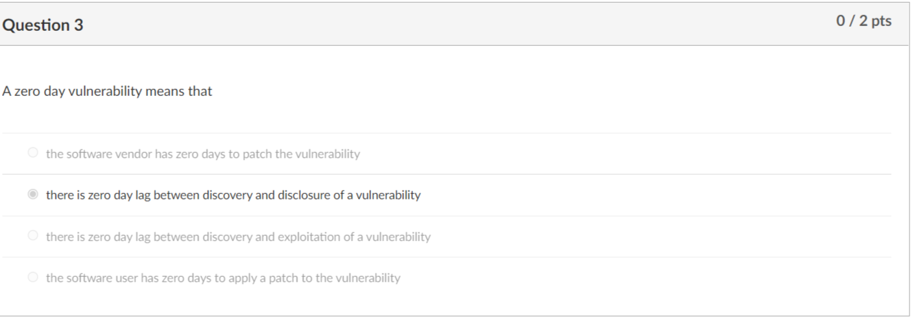 Solved A zero day vulnerability means that the software | Chegg.com