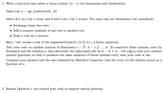 MATLAB: Write a function that solves a linear system | Chegg.com