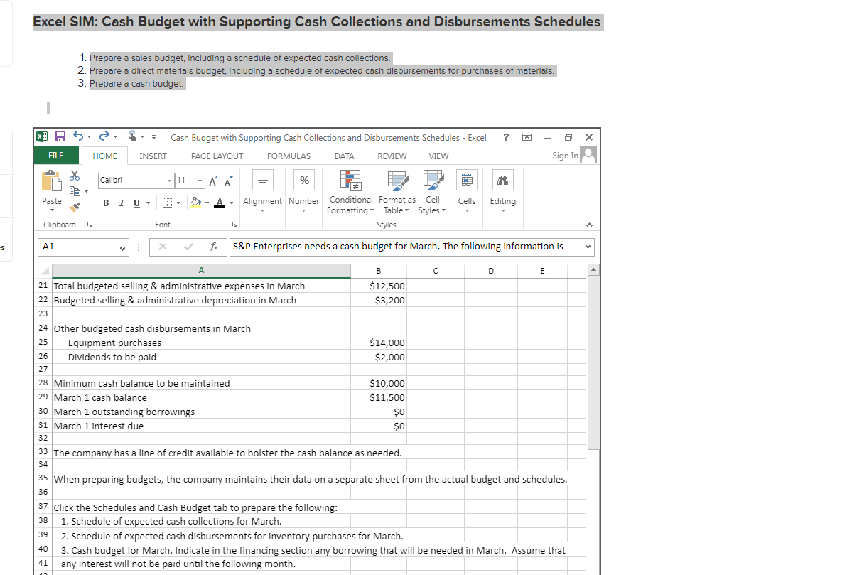 Excel SIM: Cash Budget with Supporting Cash | Chegg.com