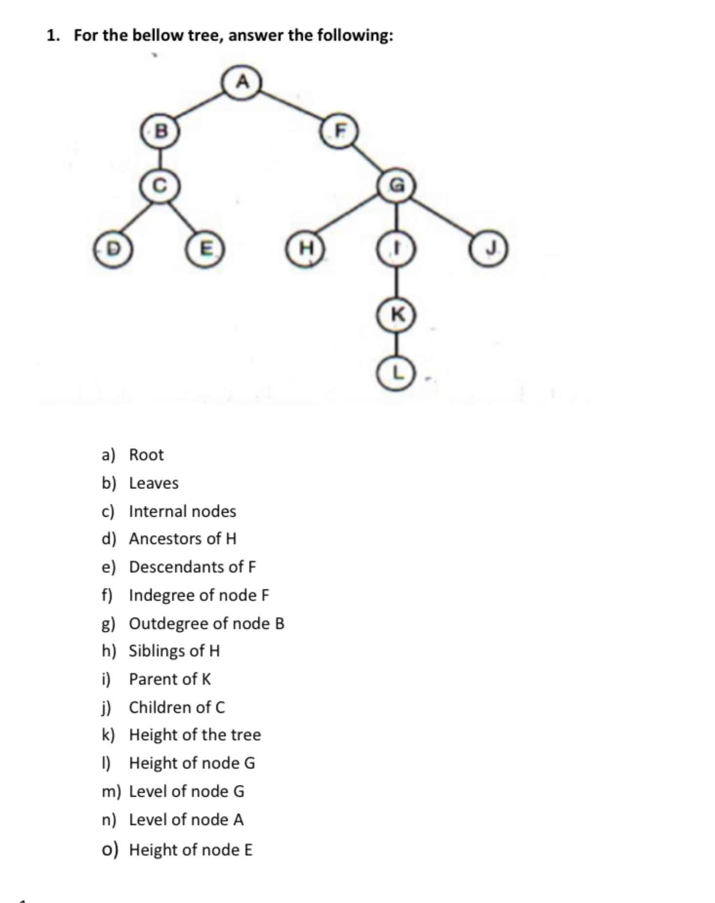 Solved For the bellow tree, answer the following:a) ﻿Rootb) | Chegg.com
