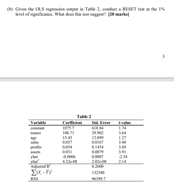 Solved (b) Given the OLS regression output in Table 2, | Chegg.com